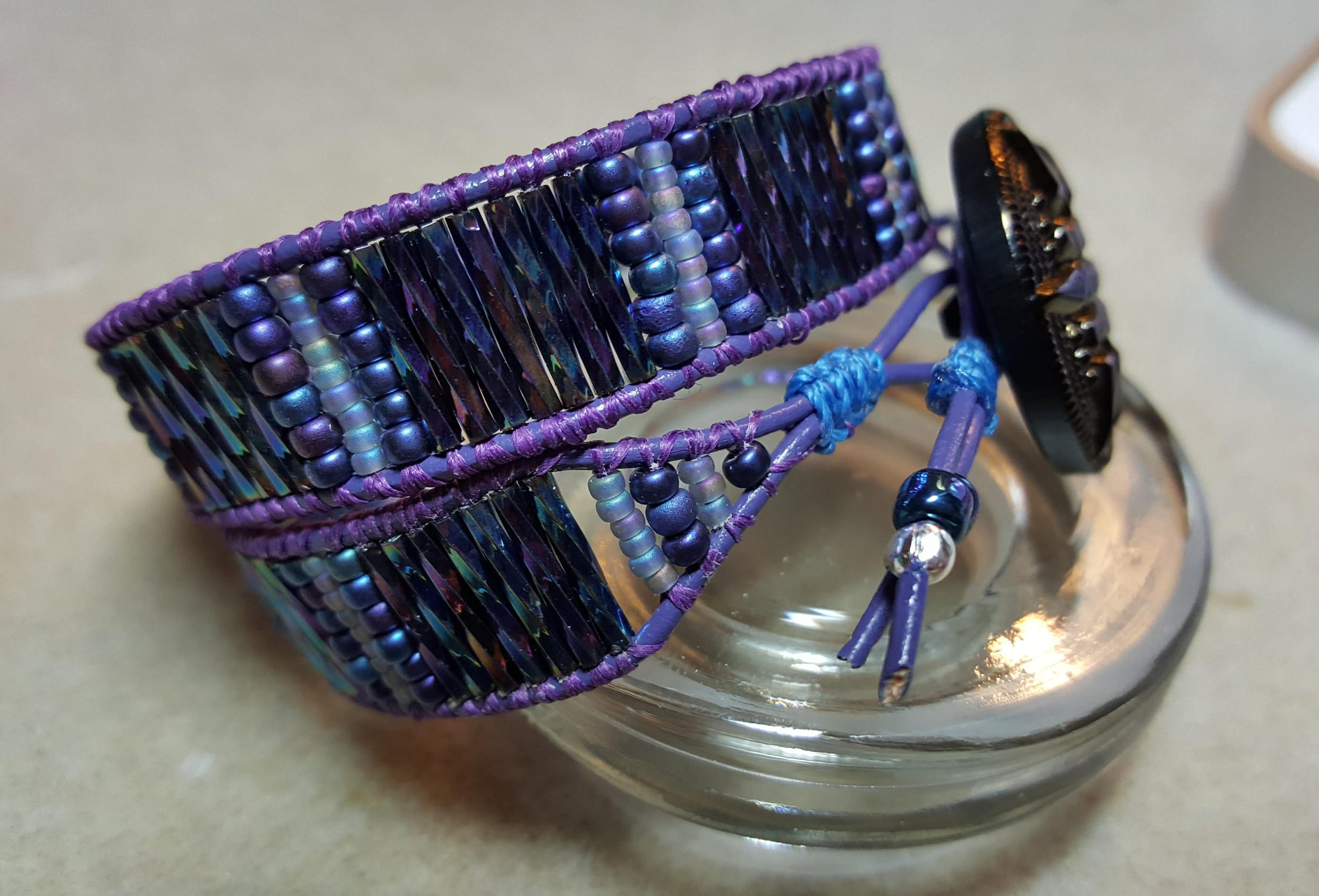 Twisted Bugle & Seed Bead Double Wrap Bracelet, Metallic Purple ...