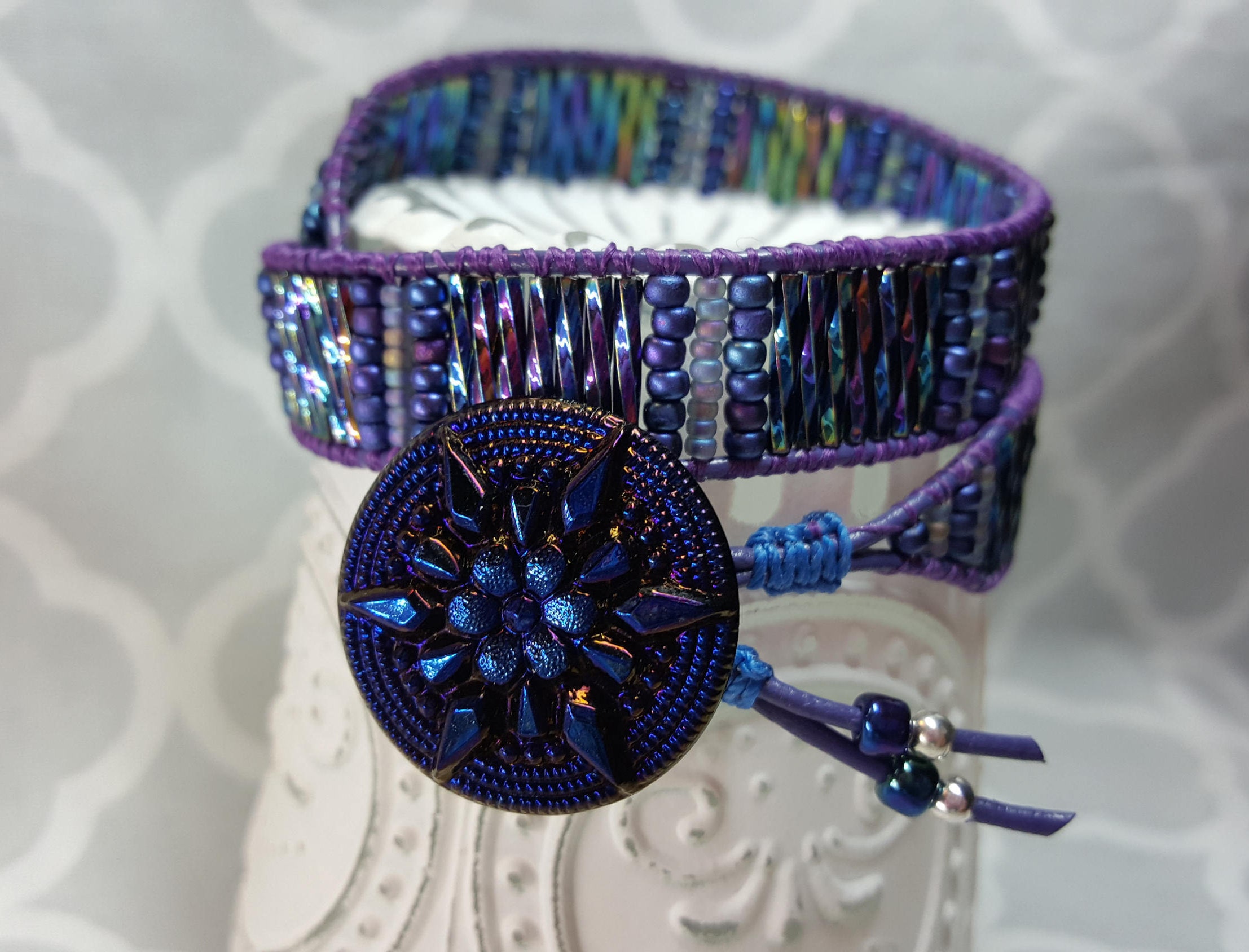 Twisted Bugle & Seed Bead Double Wrap Bracelet, Metallic Purple ...