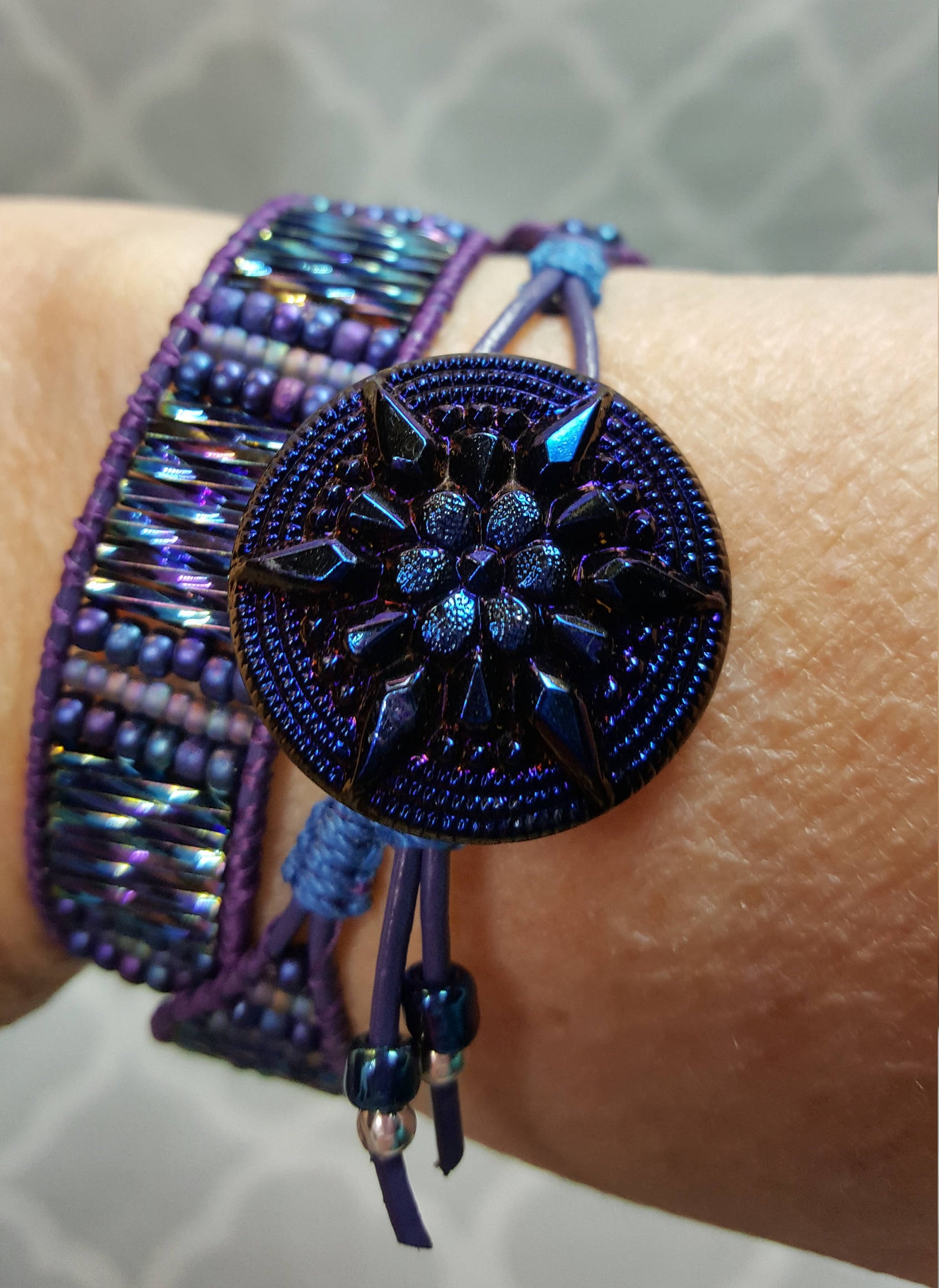 Twisted Bugle & Seed Bead Double Wrap Bracelet, Metallic Purple ...
