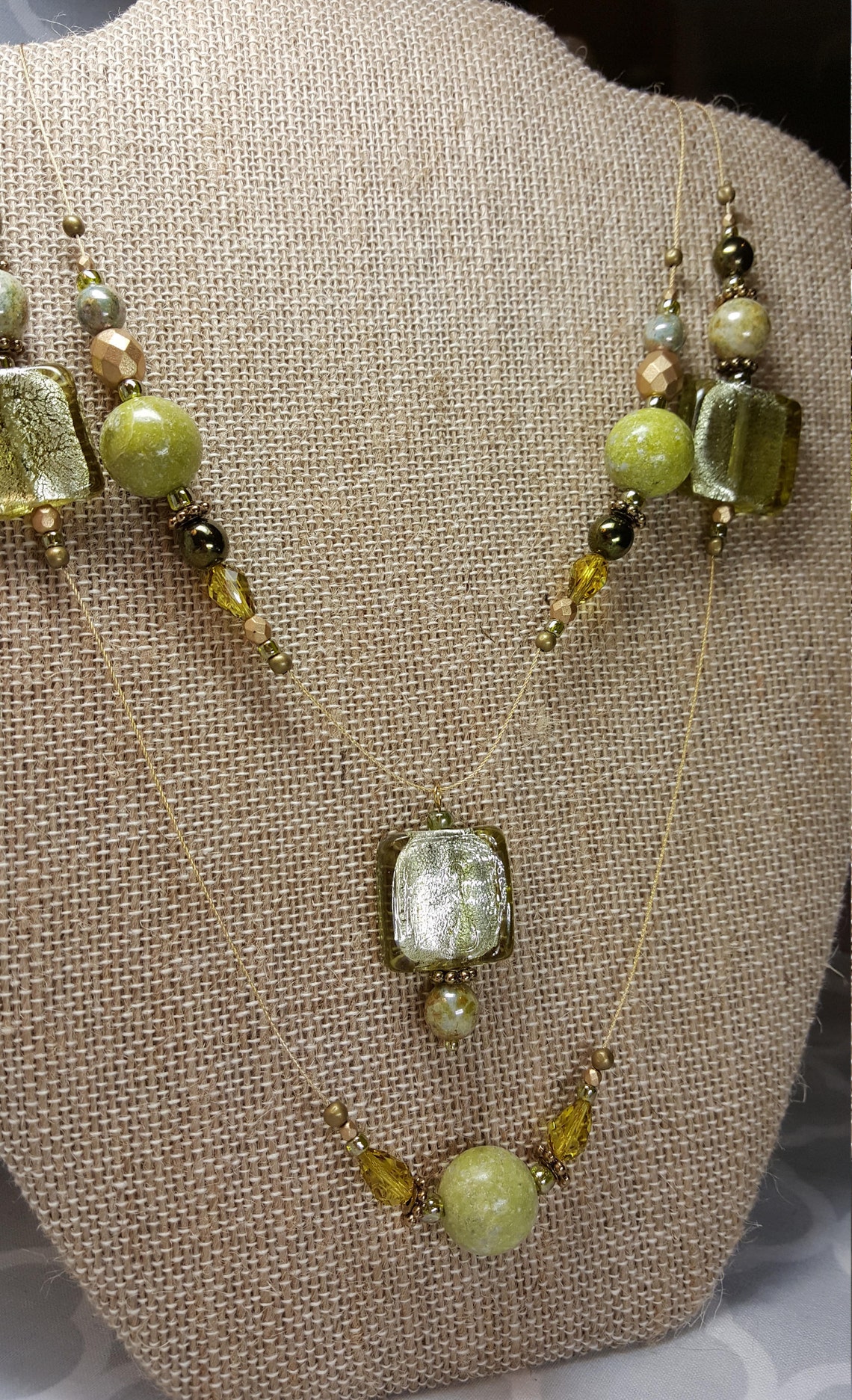 Golden Lime Double Strand Necklace With Pendant Green Opal - Etsy
