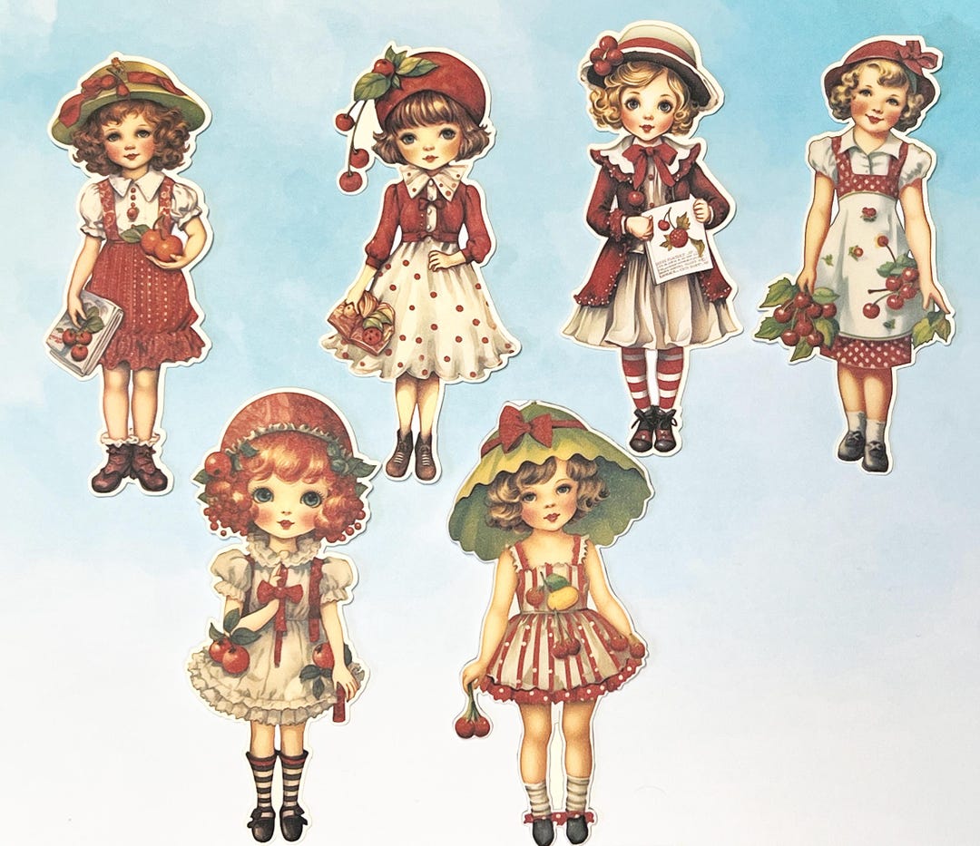 Fussy Cut Artsy Cherry Girls, Paper Dolls, Set of 6, 3 Sets Available ...