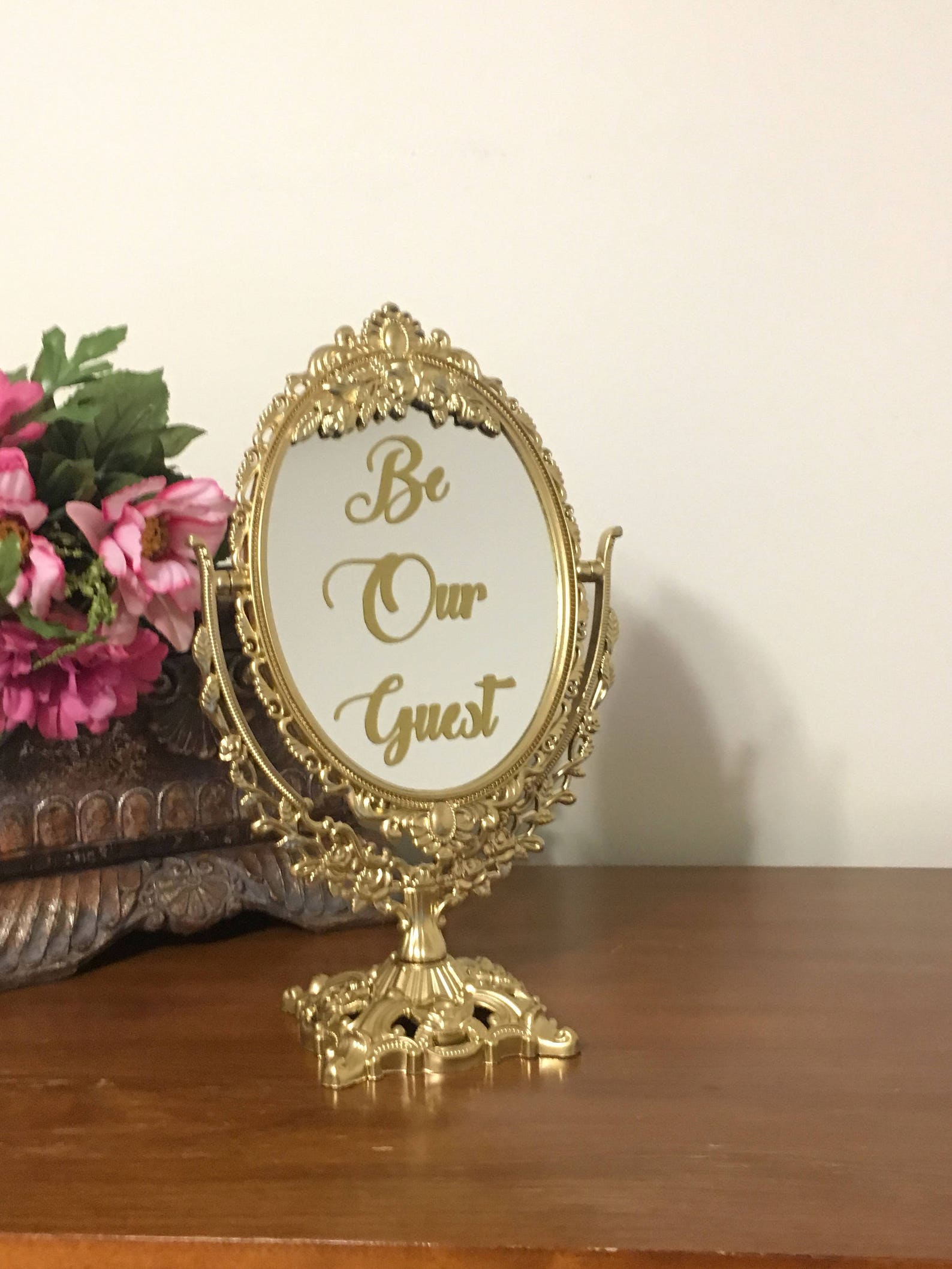 Ornate mirror with decal inscription/Be our guest mirror sign | Etsy
