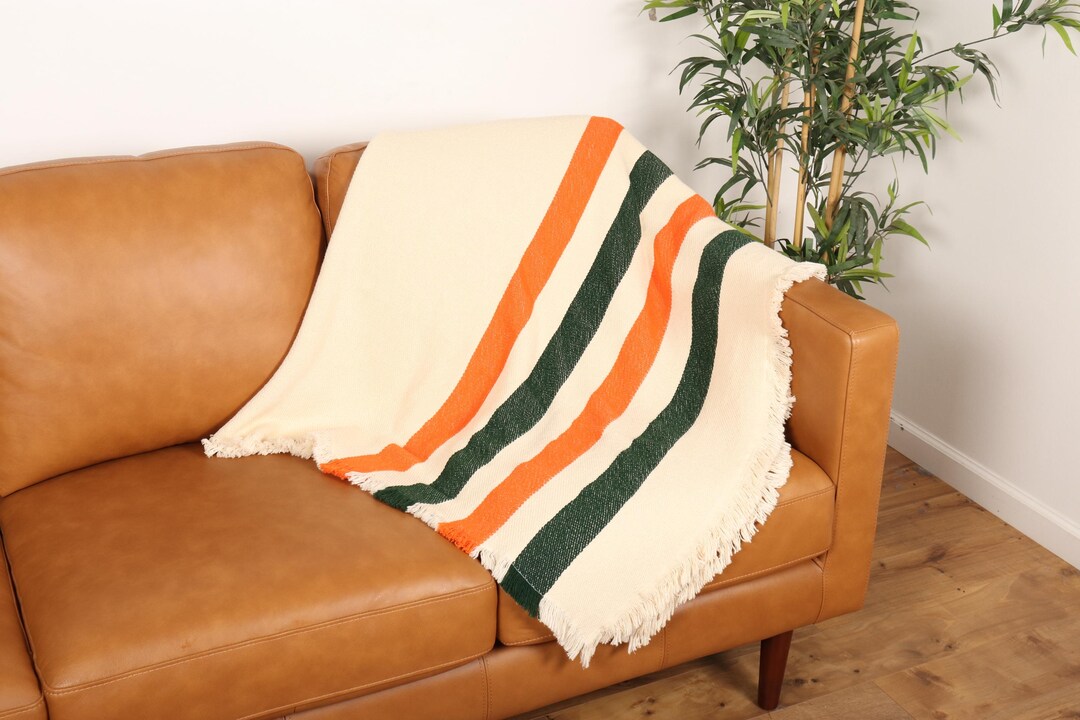 Miami Stripe Woven Throw - Creme Blanket With Orange & Green Stripes ...