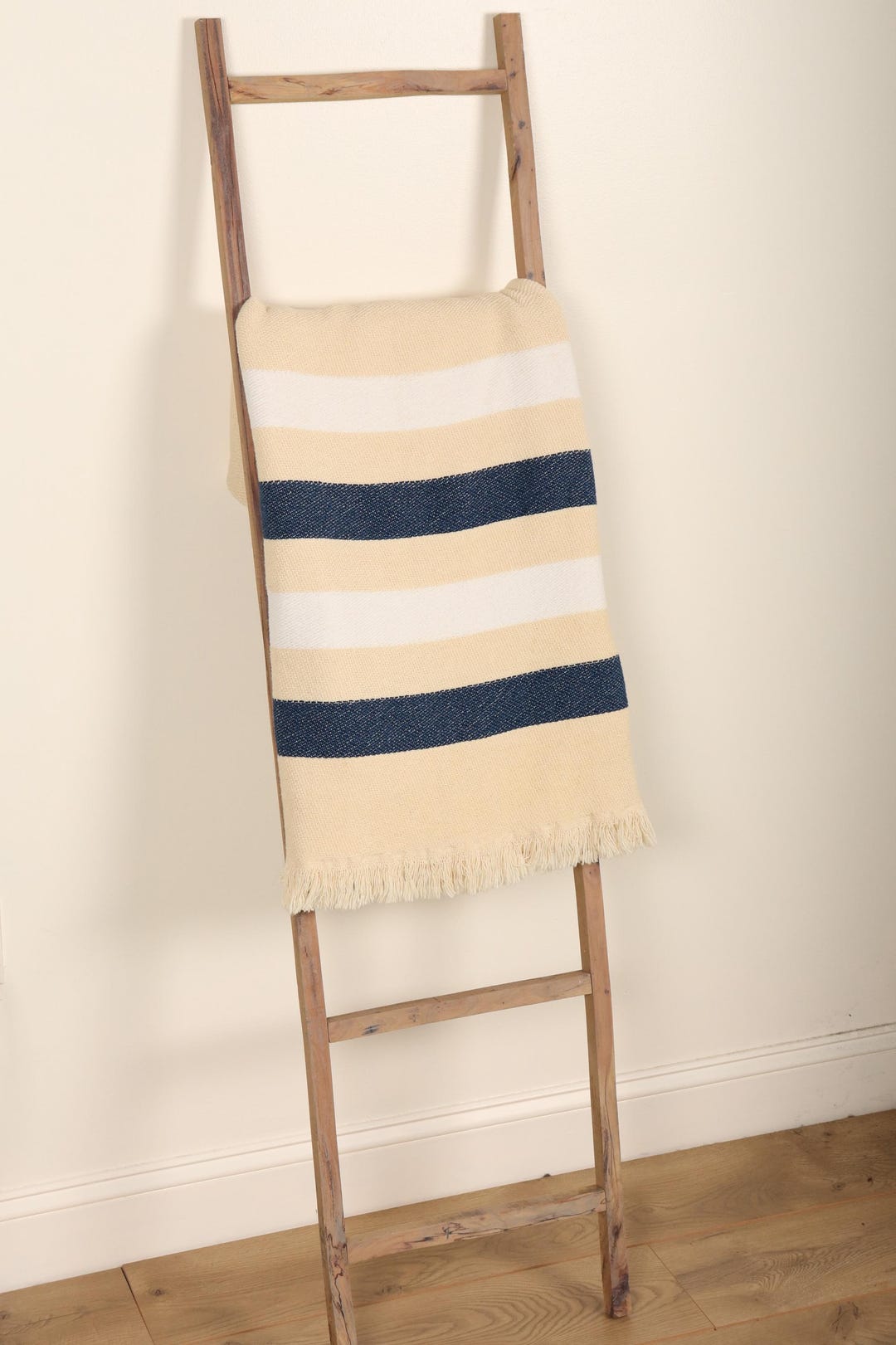 Duke Stripe Woven Throw - Creme Blanket With Blue & White Stripes - 100 ...