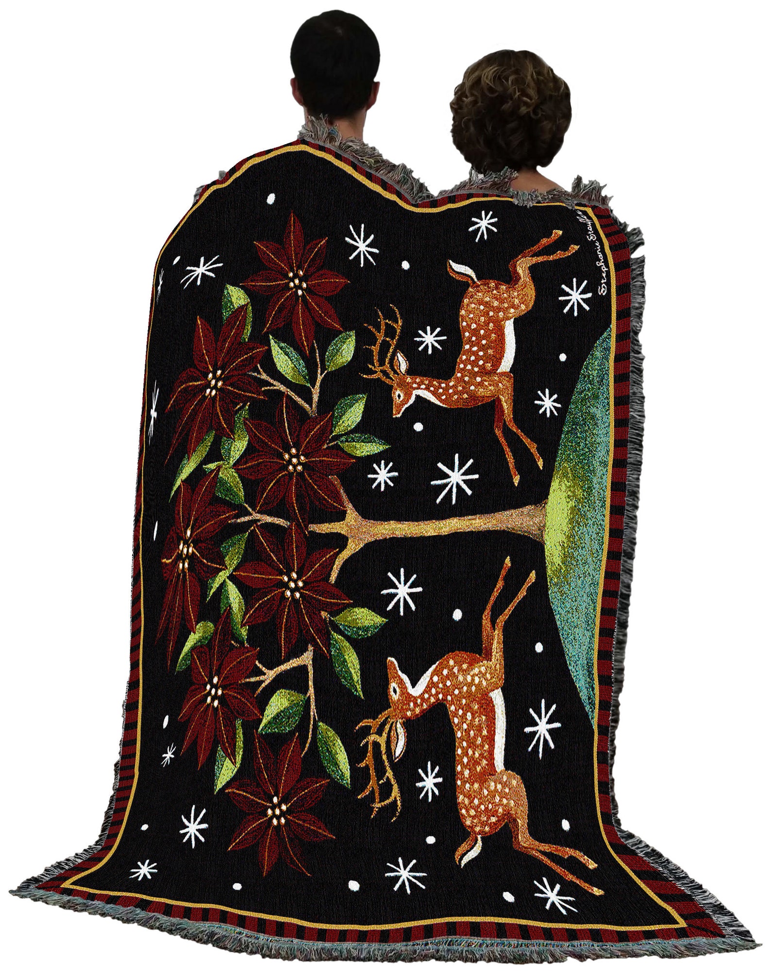 Deer Poinsettia and Tree - Stephanie Stouffer - Cotton Woven Blanket ...