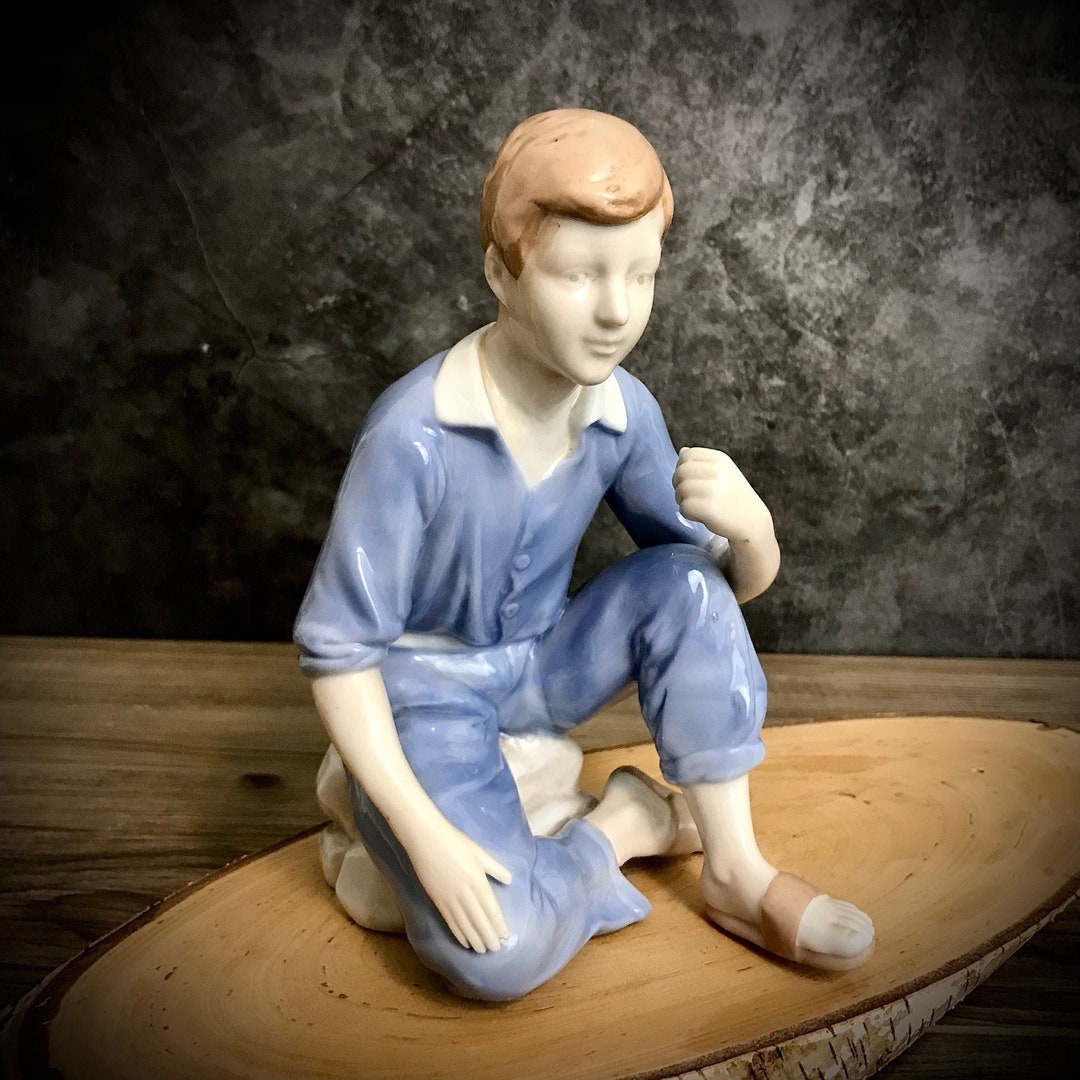 Blond Boy Youth Young Man Ceramic Figurine Sitting on Rock Rocks Shirt ...