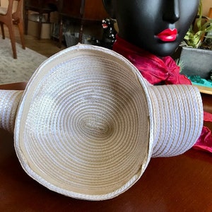 Ivory & Gold Church Lady Sunday Hat Woven Straw Raffia Flower Accent ...