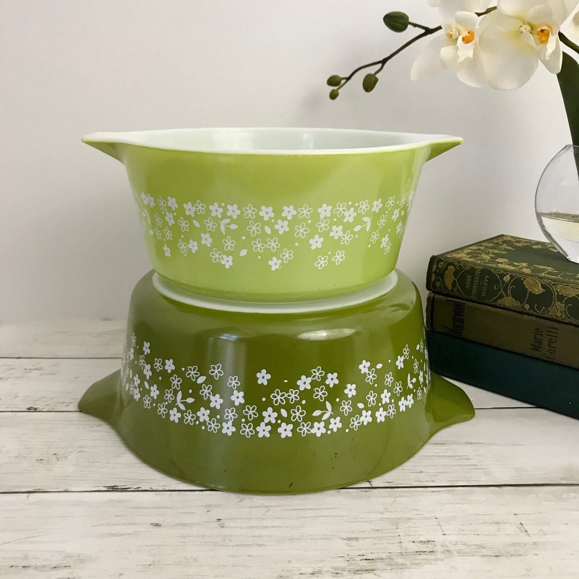 Lot of 2 Pyrex Spring Blossom Green Crazy Daisy 474-B 1.5 QT | Etsy