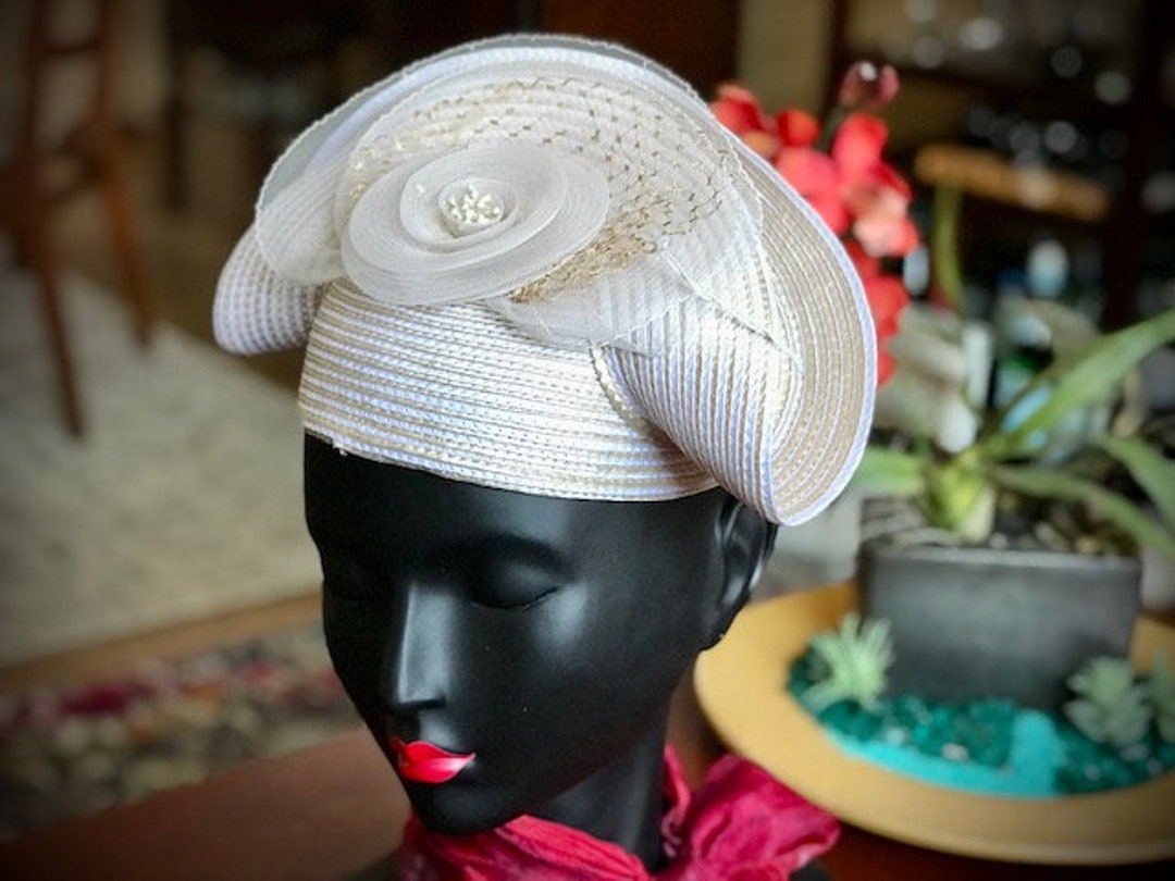 Ivory & Gold Church Lady Sunday Hat Woven Straw Raffia Flower Accent ...