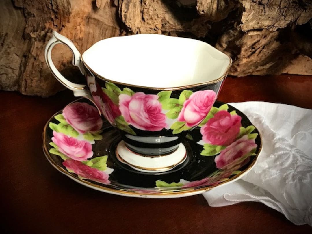 Royal Albert Old English Rose Teacup Saucer Black Pink Roses Flowers ...