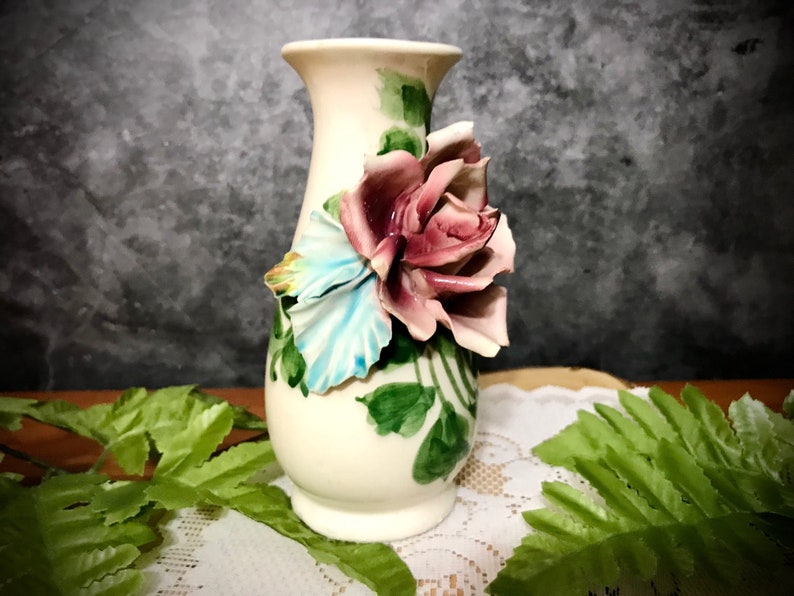 Made in Italy Vase 3D Dimensional Applied Ceramic Pink Rose Blue Leaves ...