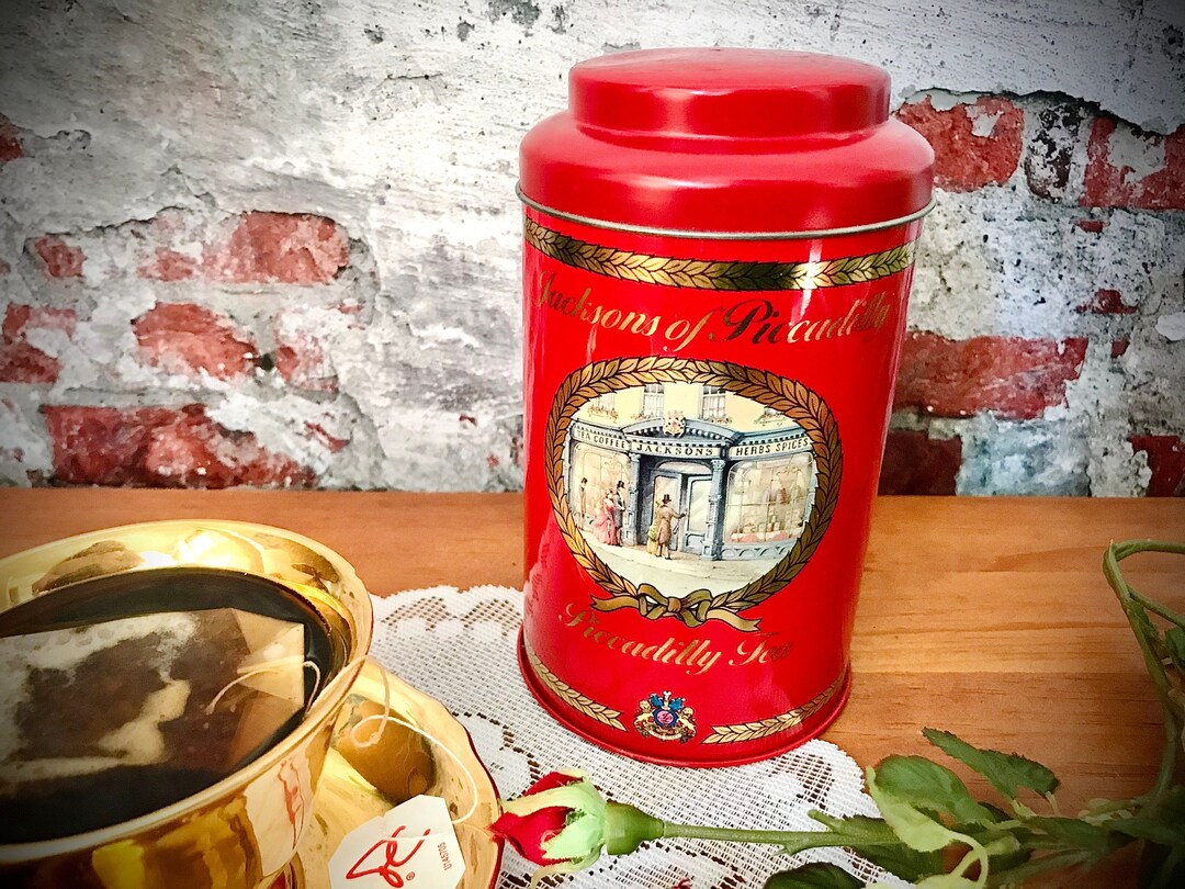 Jacksons of Piccadilly Empty Metal Tea Tin Only Vintage Red Cylinder ...
