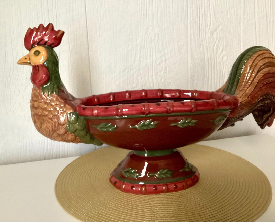 Vintage Dept 56 Ceramic Rooster Large Centerpiece Bowl Tuscan Farmhouse ...