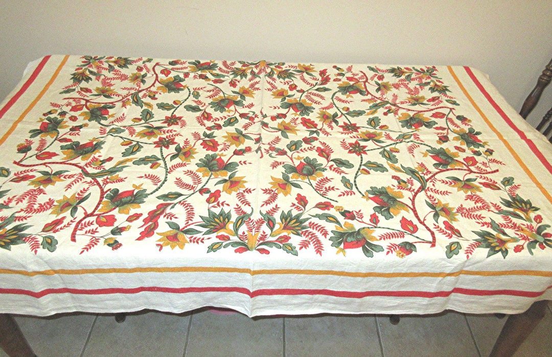 Vintage Bright Colorful Linen Tablecloth, Floral and Vegetable Graphics ...