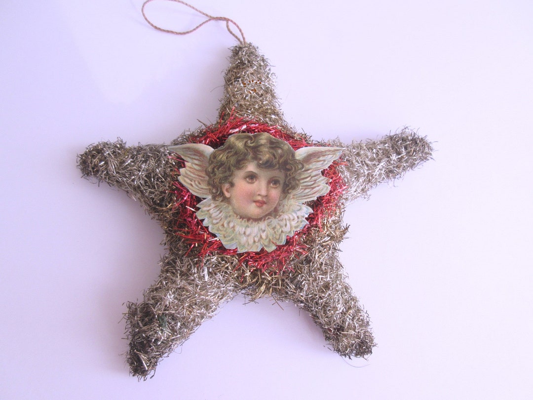 Rare Antique Silver Tinsel Star With Angel Ornament, Christmas Ornament ...