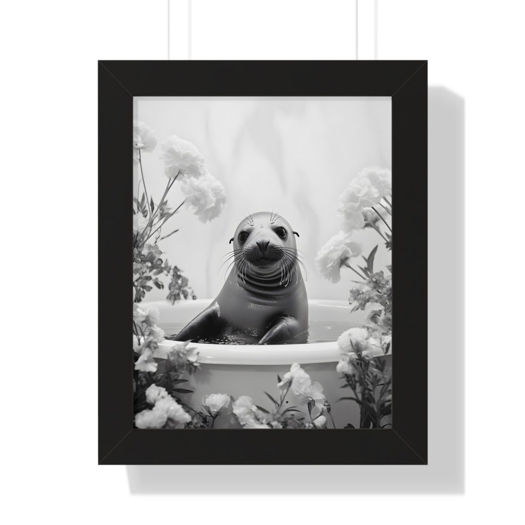 Seal Taking Bath Wall Art Print Cute Bathroom Decor Black and - Etsy