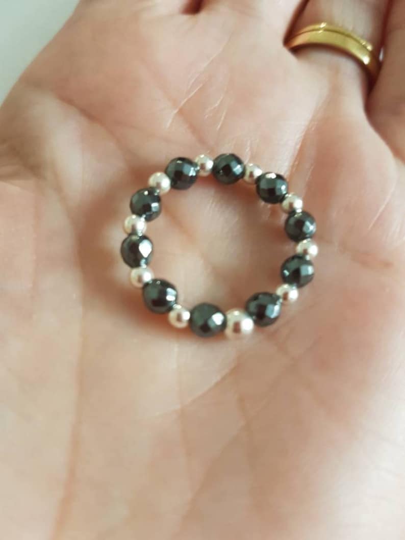 Sterling Silver & Hematite Beaded Stretch Ring Matching - Etsy UK