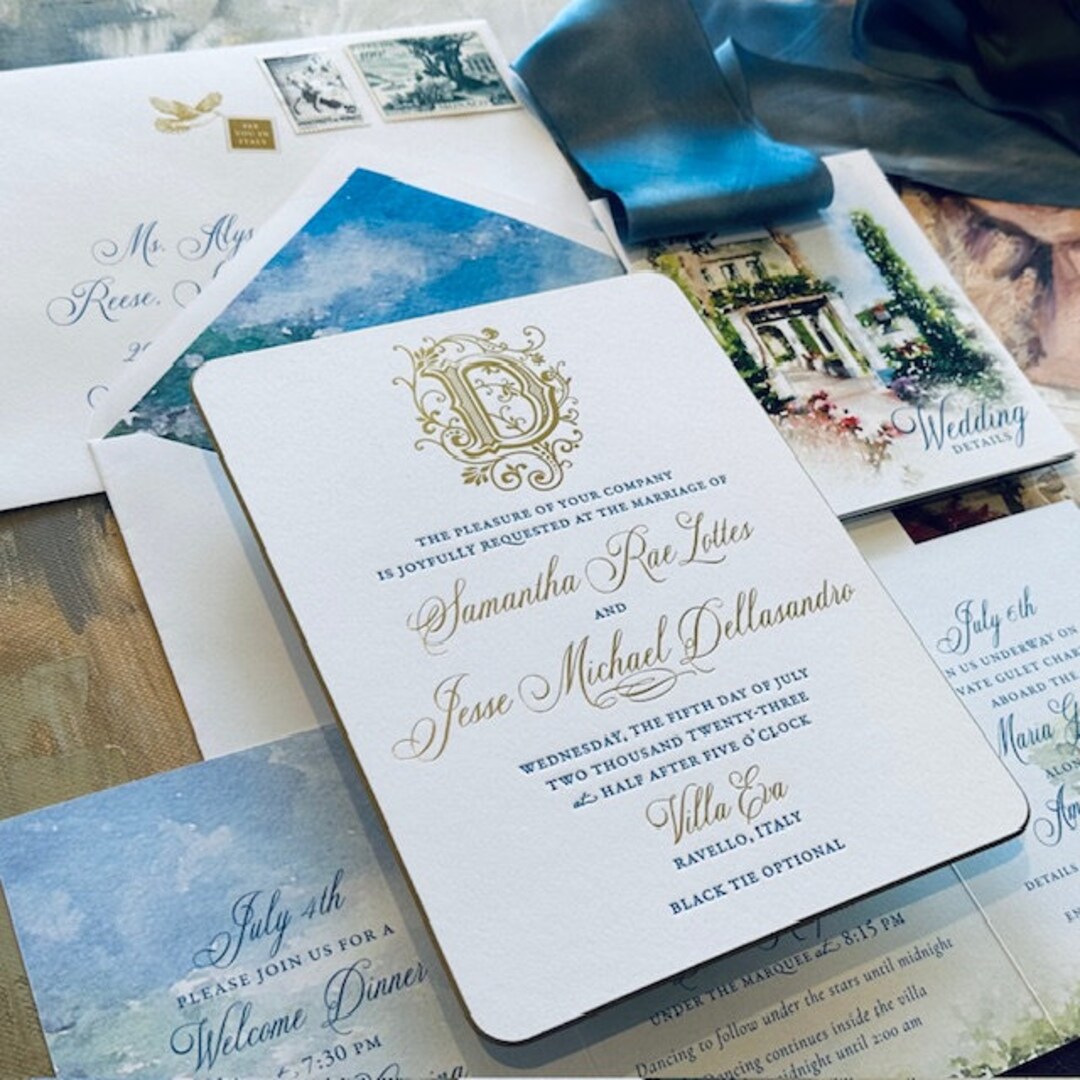 Wedding Invitations, Elegant Blue Letterpress and Gold Foil, Hand ...