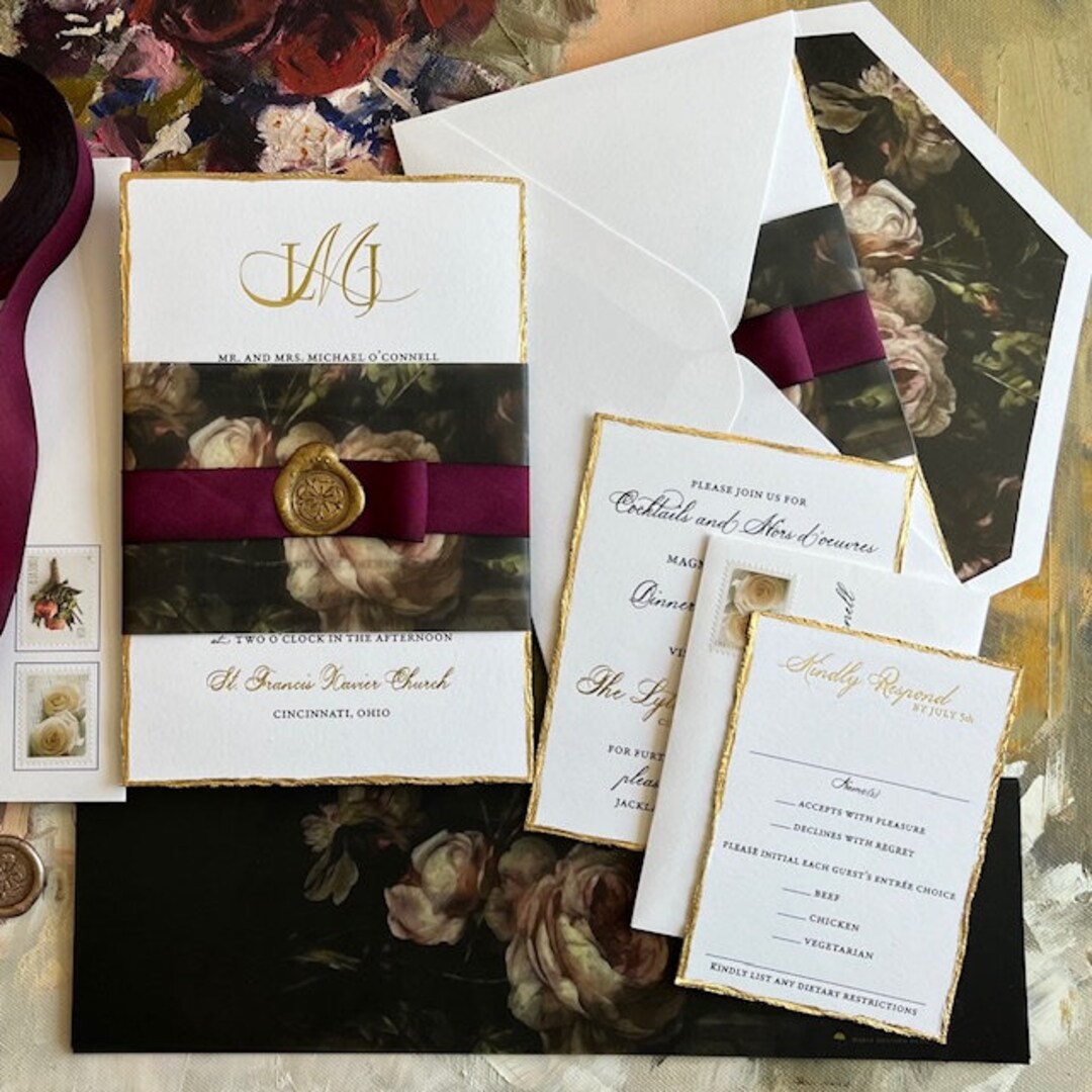 Moody Floral Wedding Invitation Suit With Gold Edges, Customizable ...