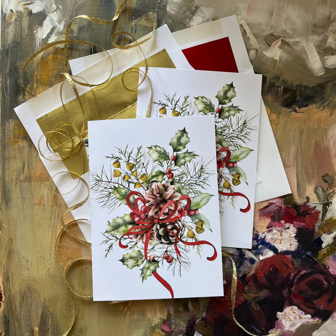 Christmas Cards, 10 Boxed Holiday Bouquet Cards, Red or Gold Foil Lined ...