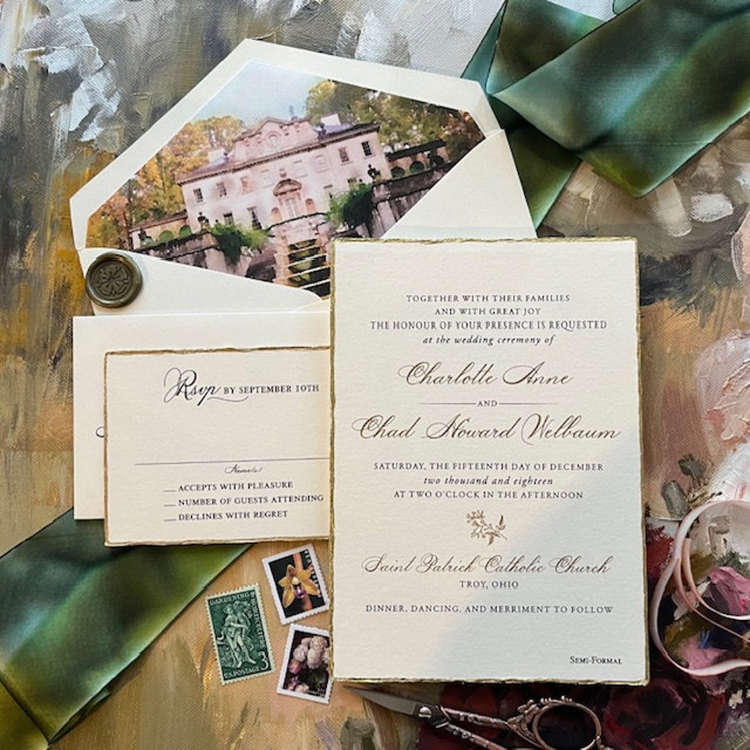 Wedding Invitation Set Gold Foil Edges Custom Venue Painting Envelope ...