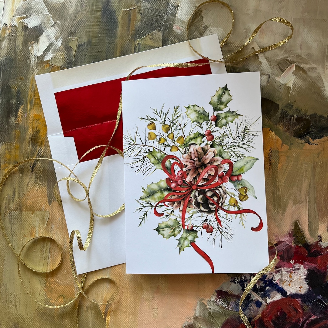 Set of 10 Christmas Card Box Holiday Card Woodland Inspired Christmas Greeting Watercolor ...