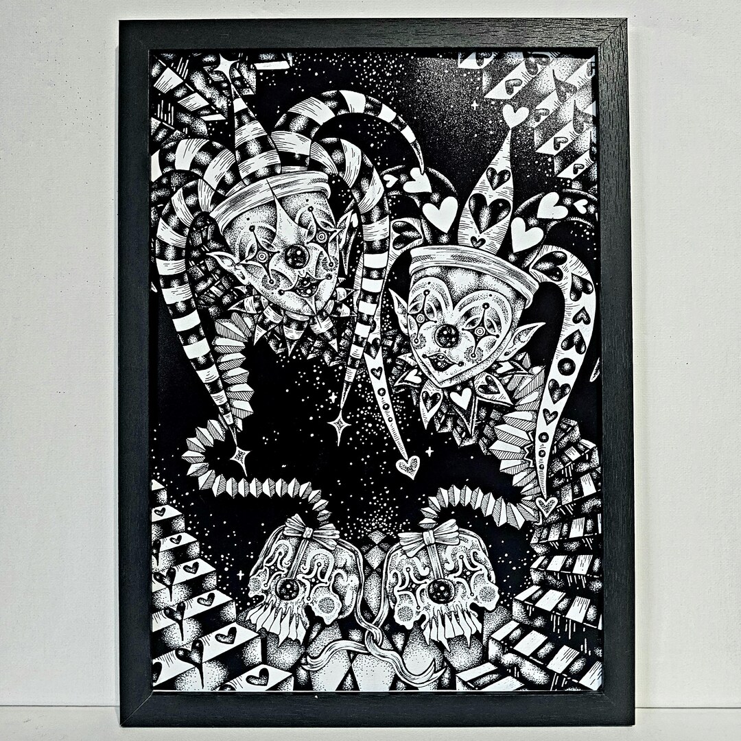 Jesters in the Box Illustration | Black and White Gothic Punk Trippy A4 ...