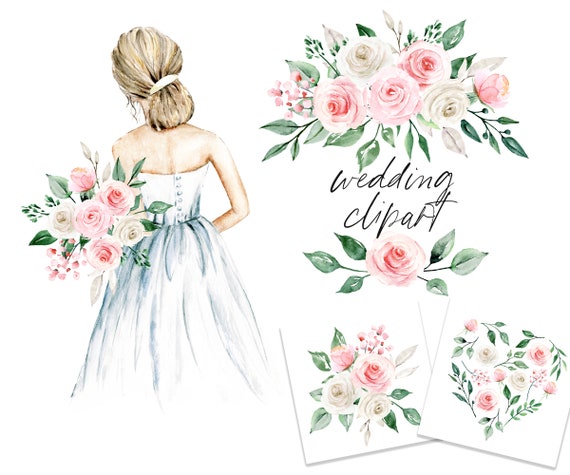 Watercolor Flowers Clipart Set With Bride Wedding Clipat. | Etsy Australia