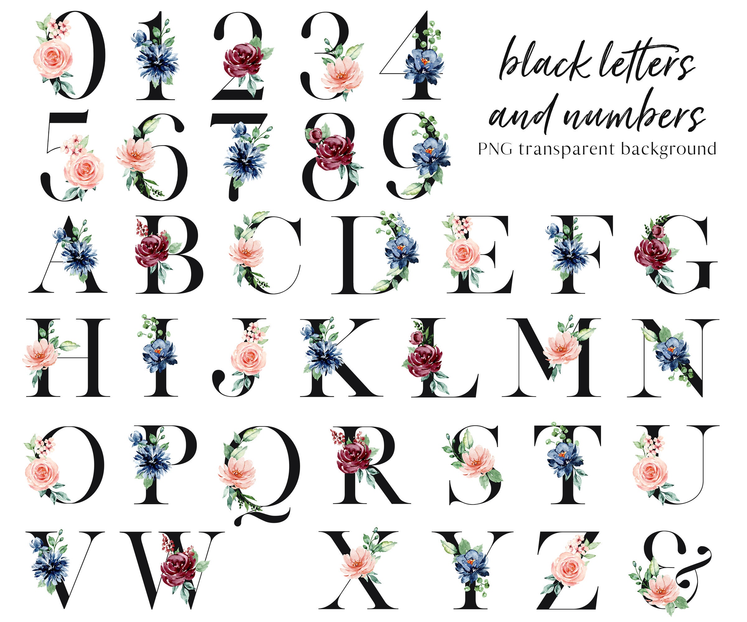 Letters set with watercolor flowers floral alphabet clipart | Etsy