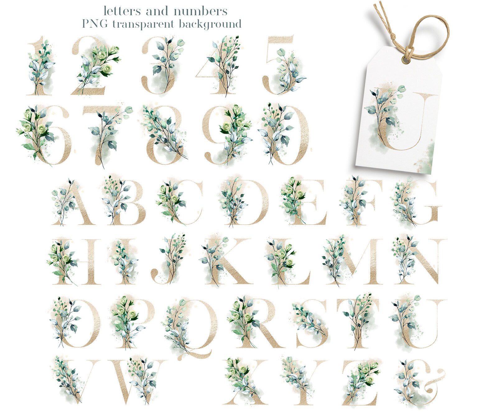 Gold alphabet with watercolor leaves letters / monogram | Etsy