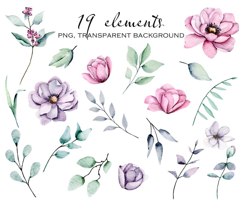 Watercolor Pink Violet Flowers and Leaves Clipart Floral | Etsy