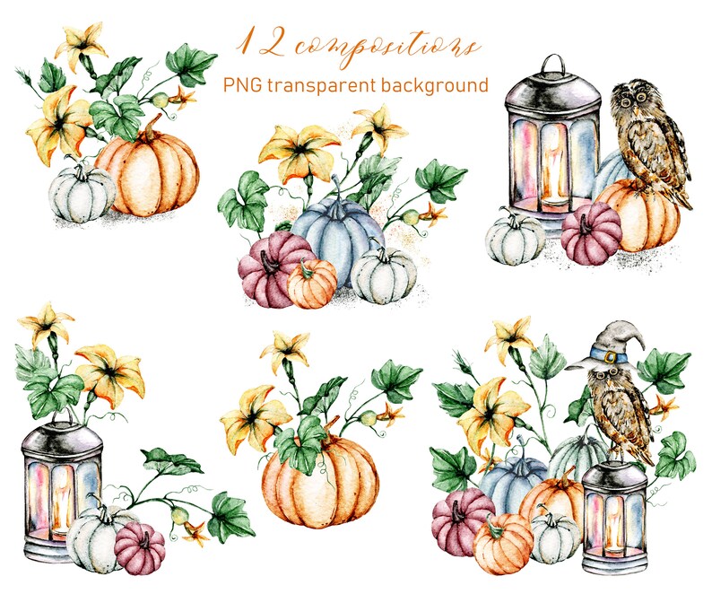 Autumn watercolor clipart pumpkin set with Halloween | Etsy