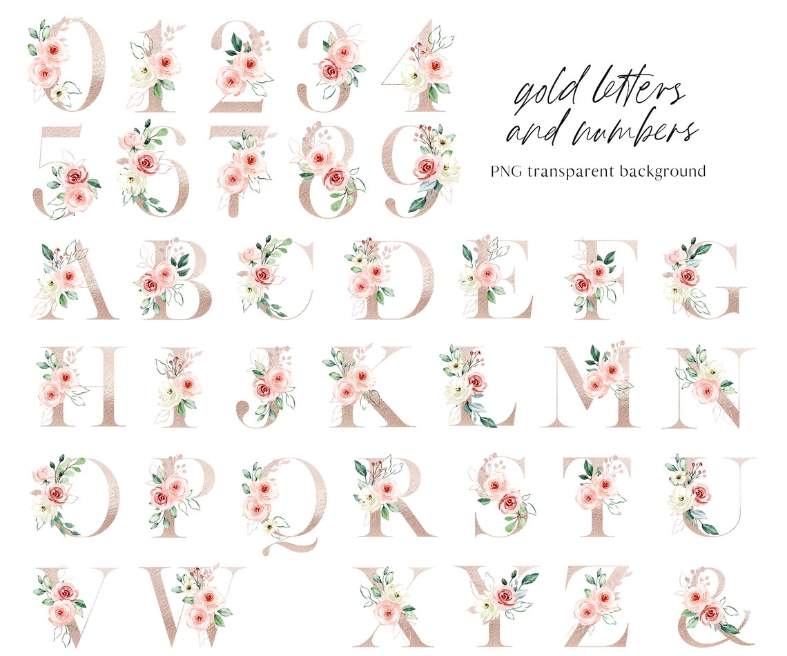 Gold alphabet golden letters and numbers with watercolor | Etsy