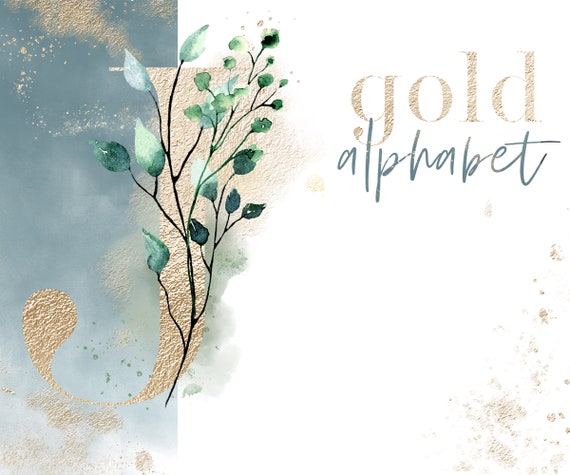 Gold alphabet with watercolor leaves letters / monogram | Etsy