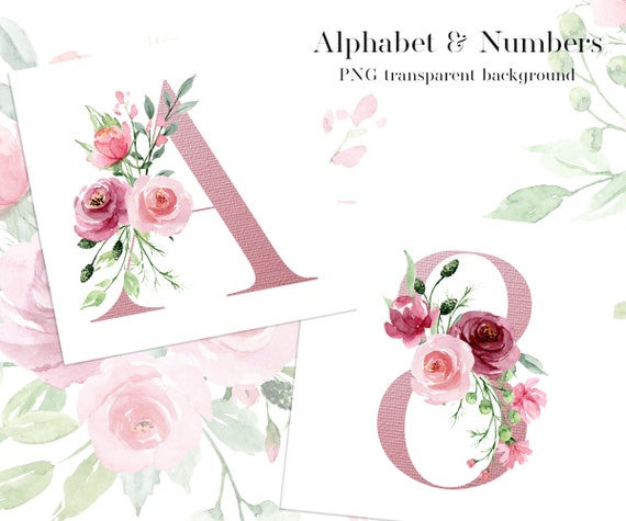 Black Pink Floral Alphabet Clip Art Rose Botanical Uppercase Alphabet ...