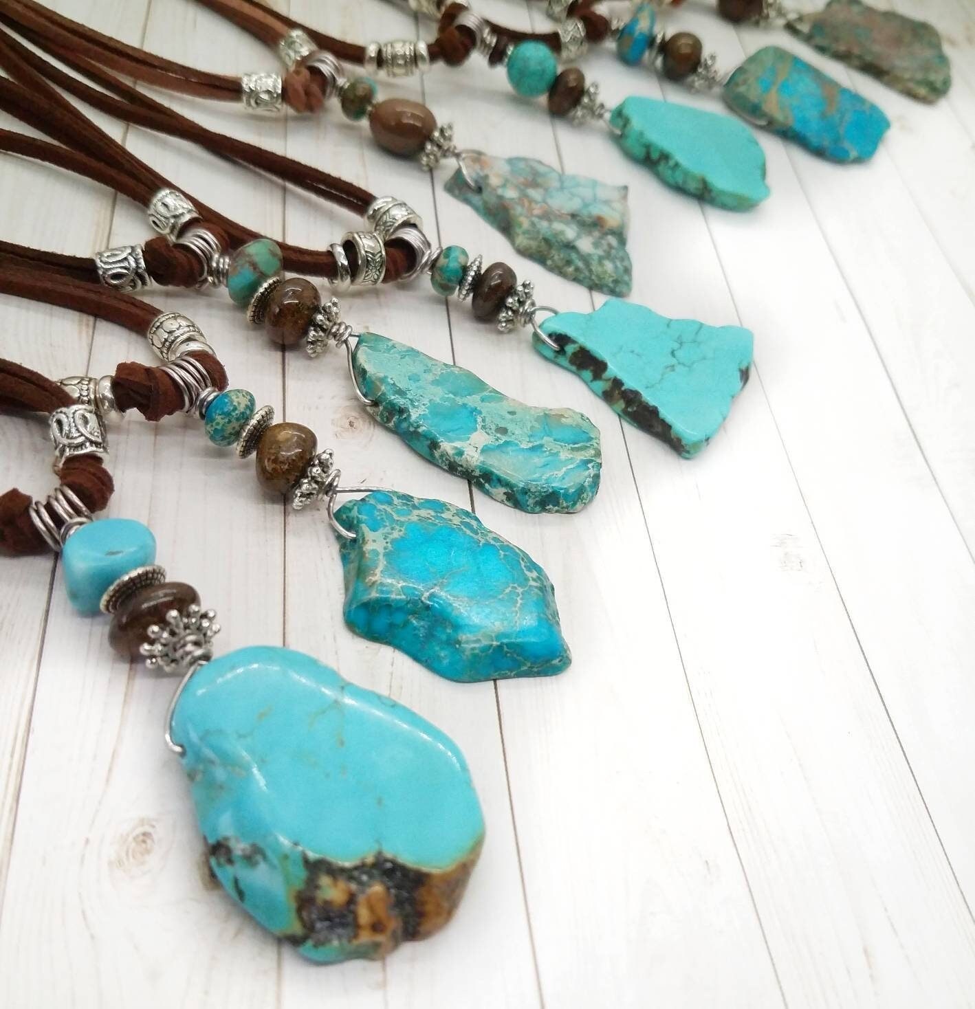 Southwestern Turquoise Necklace, Long Turquoise & Leather Necklace ...