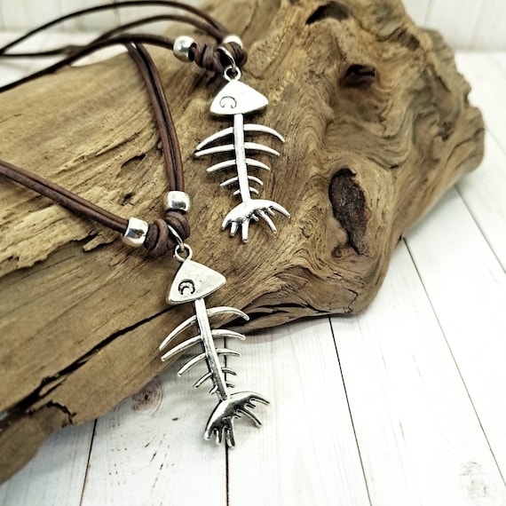 Fish Bone Necklace on Leather Fish Skeleton Pendant Men Male - Etsy