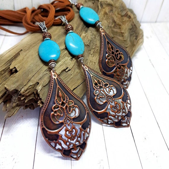 Big Western Turquoise Copper Necklace Southwest Turquoise Necklace Large Boho Cowgirl Necklace Rodeo Jewelry Western Wear Gift for Women Etsy