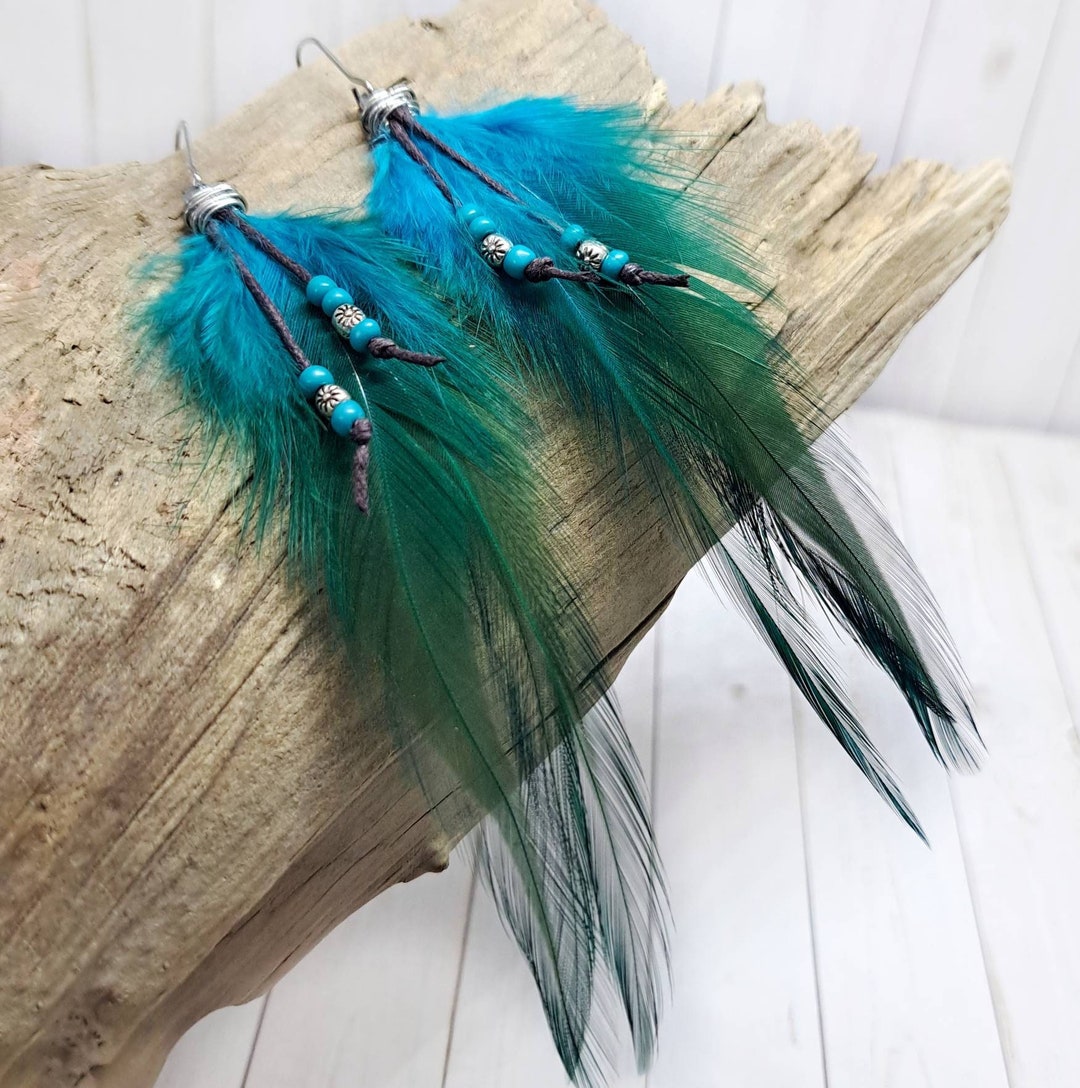 Real Feather Earrings, Blue Native American Earrings, Turquoise Hippy ...