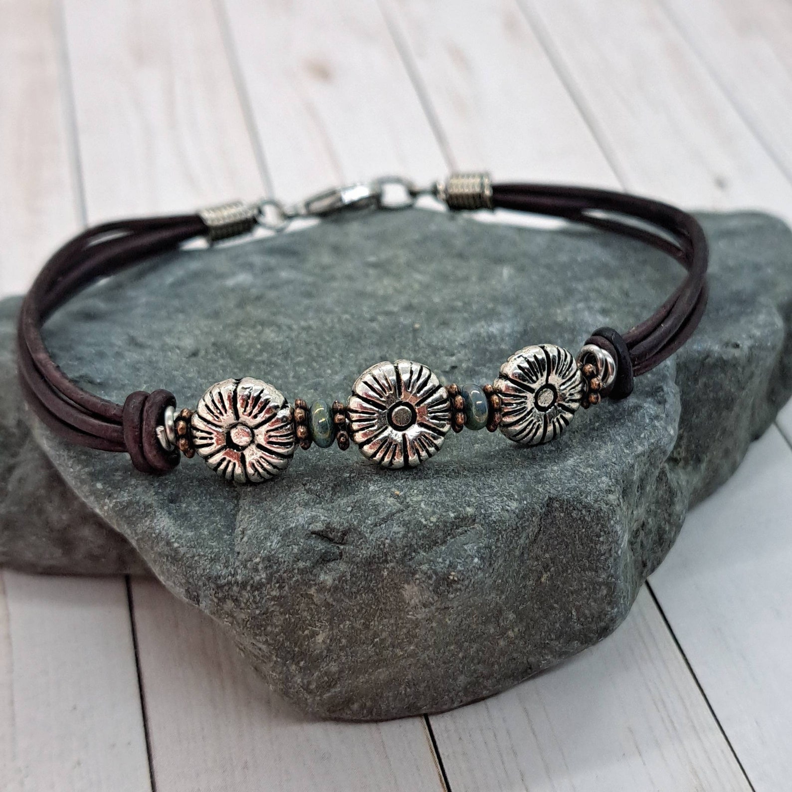 Silver Hippie Bracelet on Leather, Southwestern Flower Jewelry, Western ...