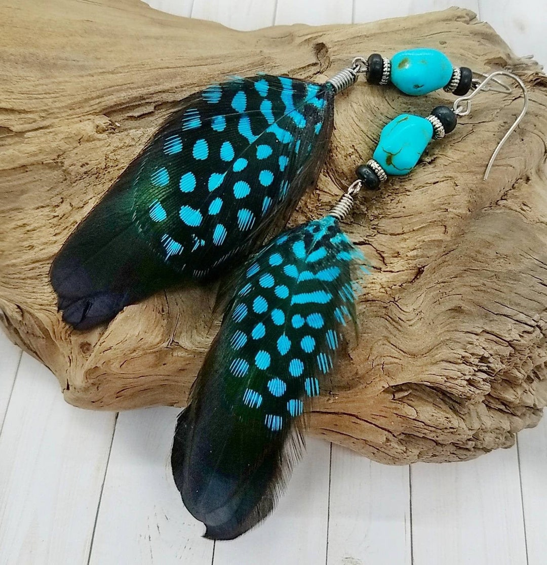 Real Feather Earrings, Summer Turquoise Feather Jewelry, Southwestern ...