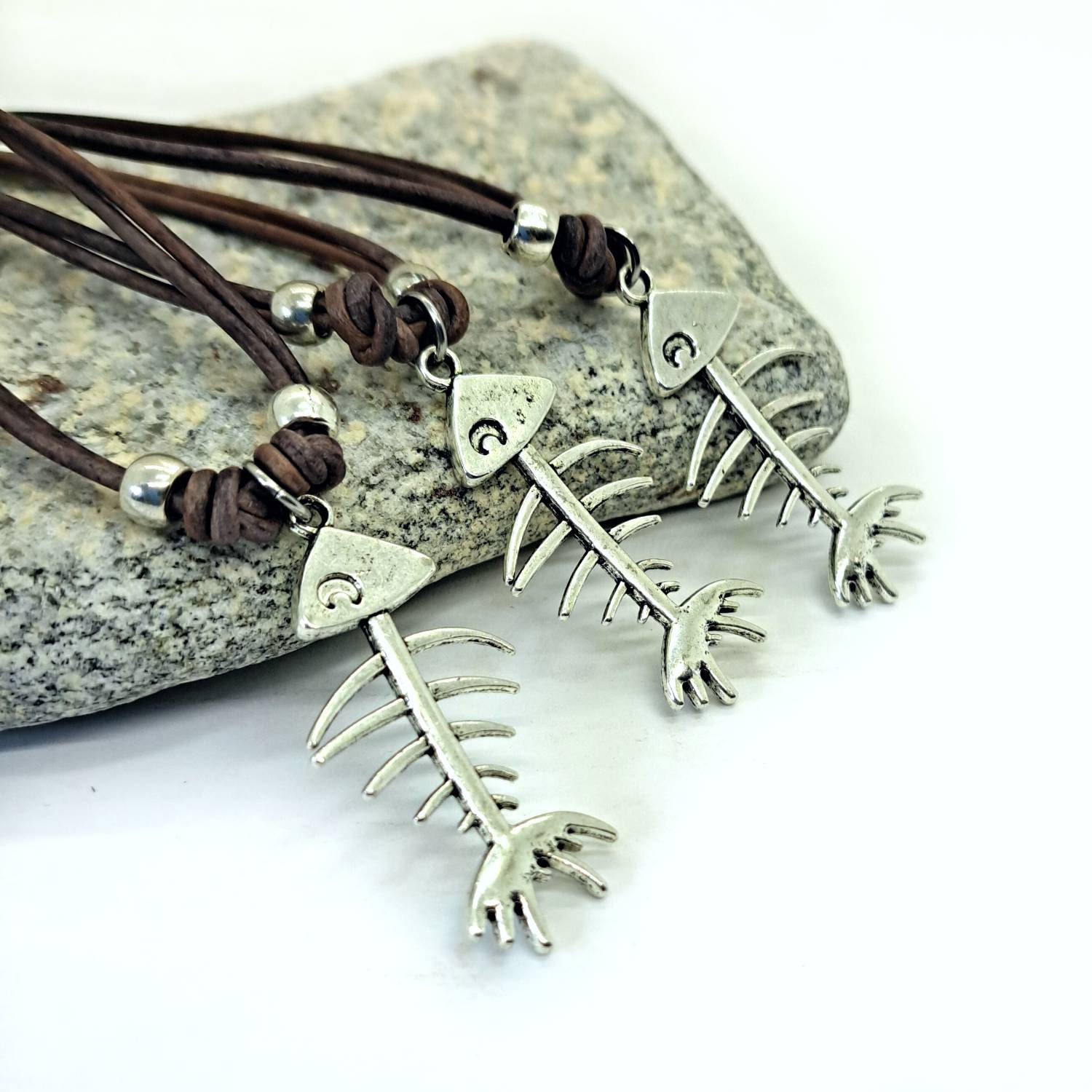 Fish Bone Necklace on Leather, Fish Skeleton Pendant, Men Male Fishing ...