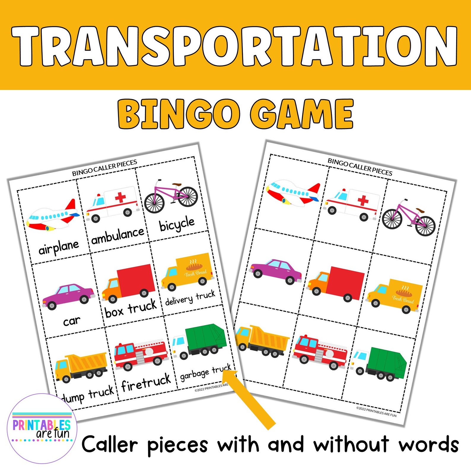 Transportation Bingo Game for Kids, Printable Games, Picture Bingo ...