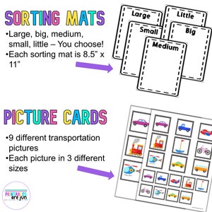 Transportation Sort by Size Activity, Size Sorting Mats, Preschool ...