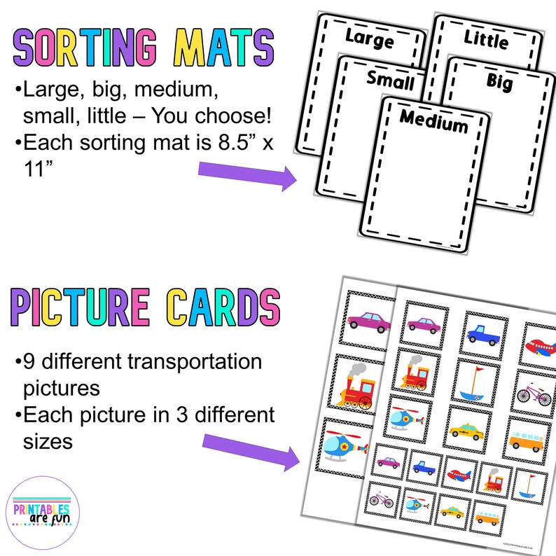 Transportation Sort by Size Activity, Size Sorting Mats, Preschool ...