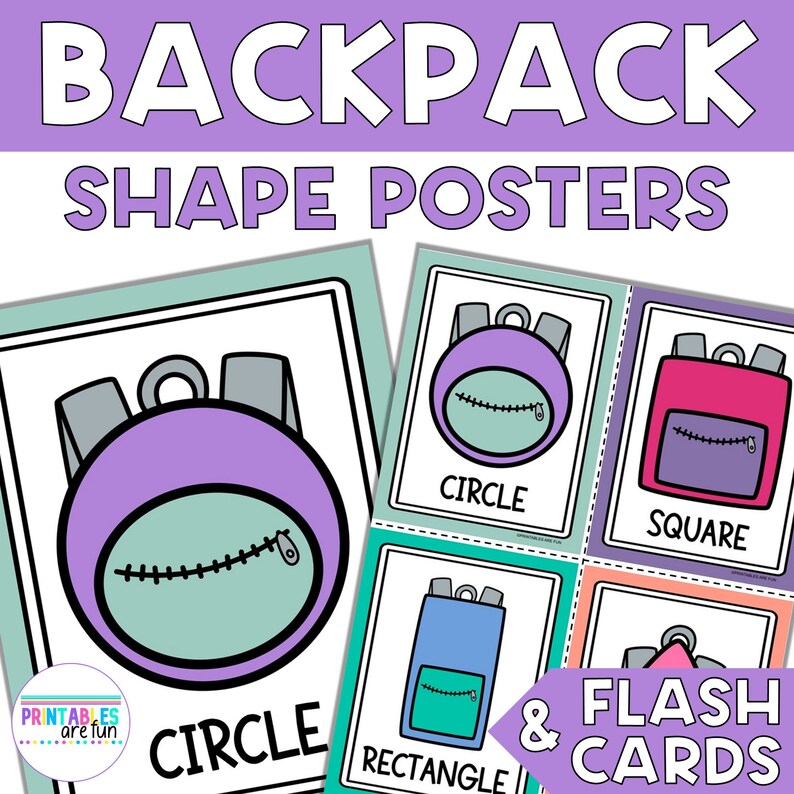 School Backpack 2D Shape Posters and Flash Cards Printable Math ...