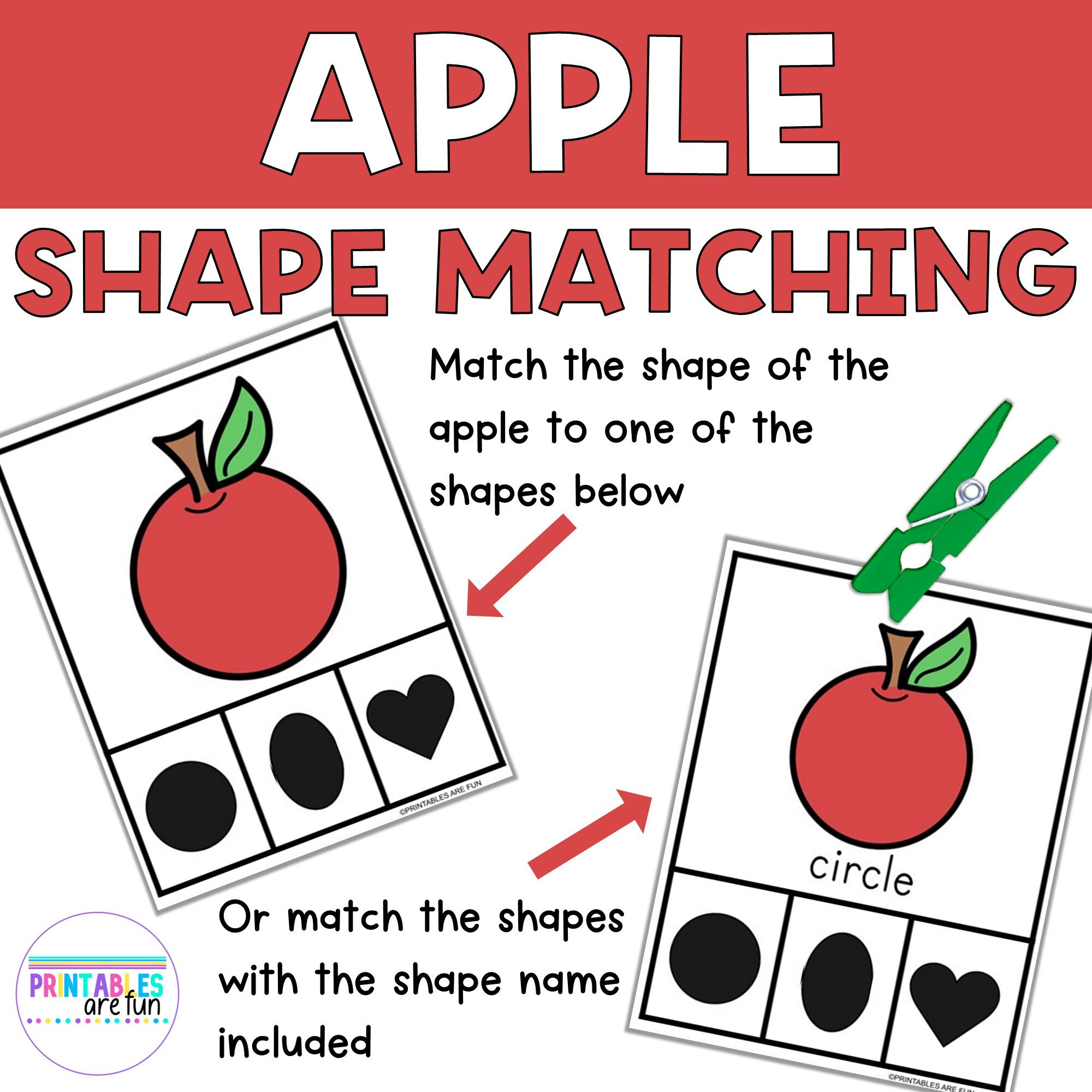 Fall Apple 2D Shape Matching Clip Cards | Printable Math Activity for ...