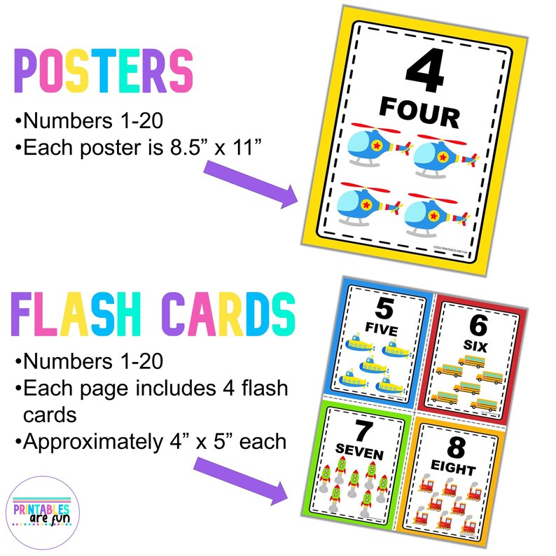 Transportation Number Posters and Flash Cards 1-20 Printable - Etsy