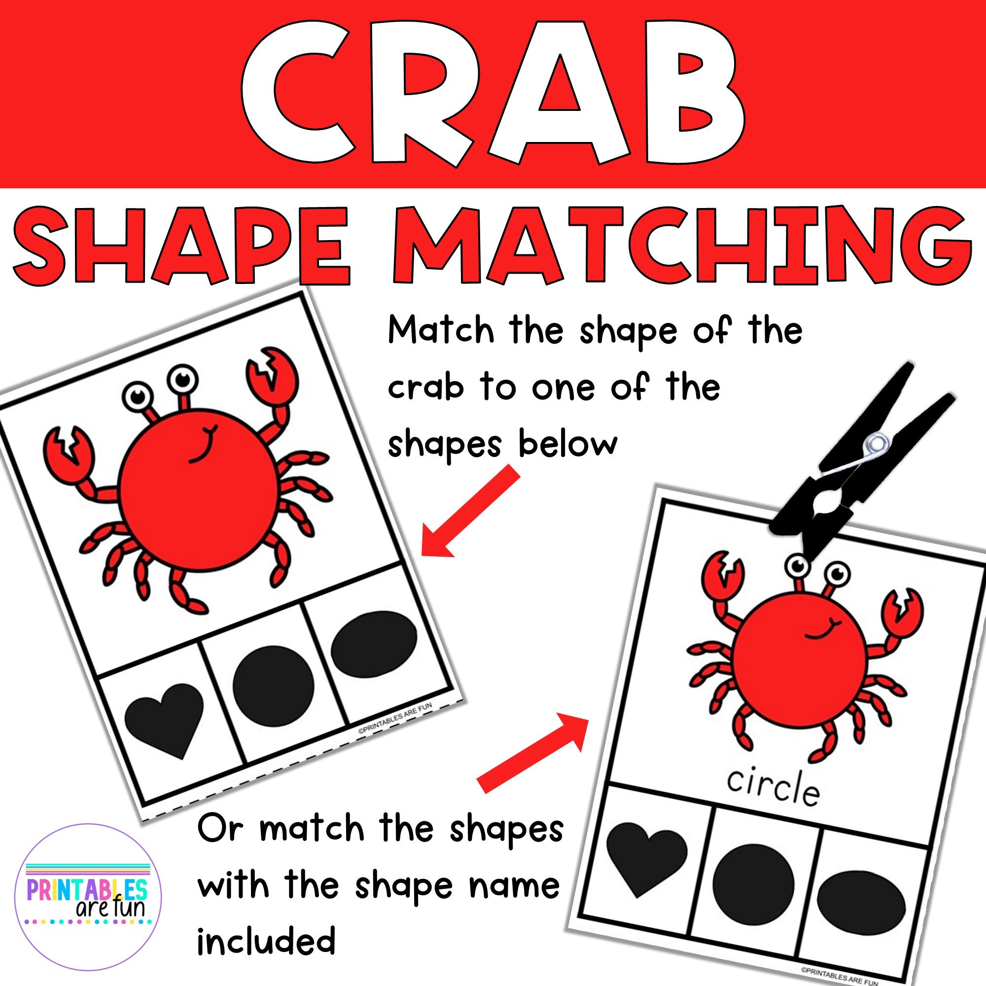 Crab 2D Shape Matching Clip Cards Printable Math Activity for Preschool ...