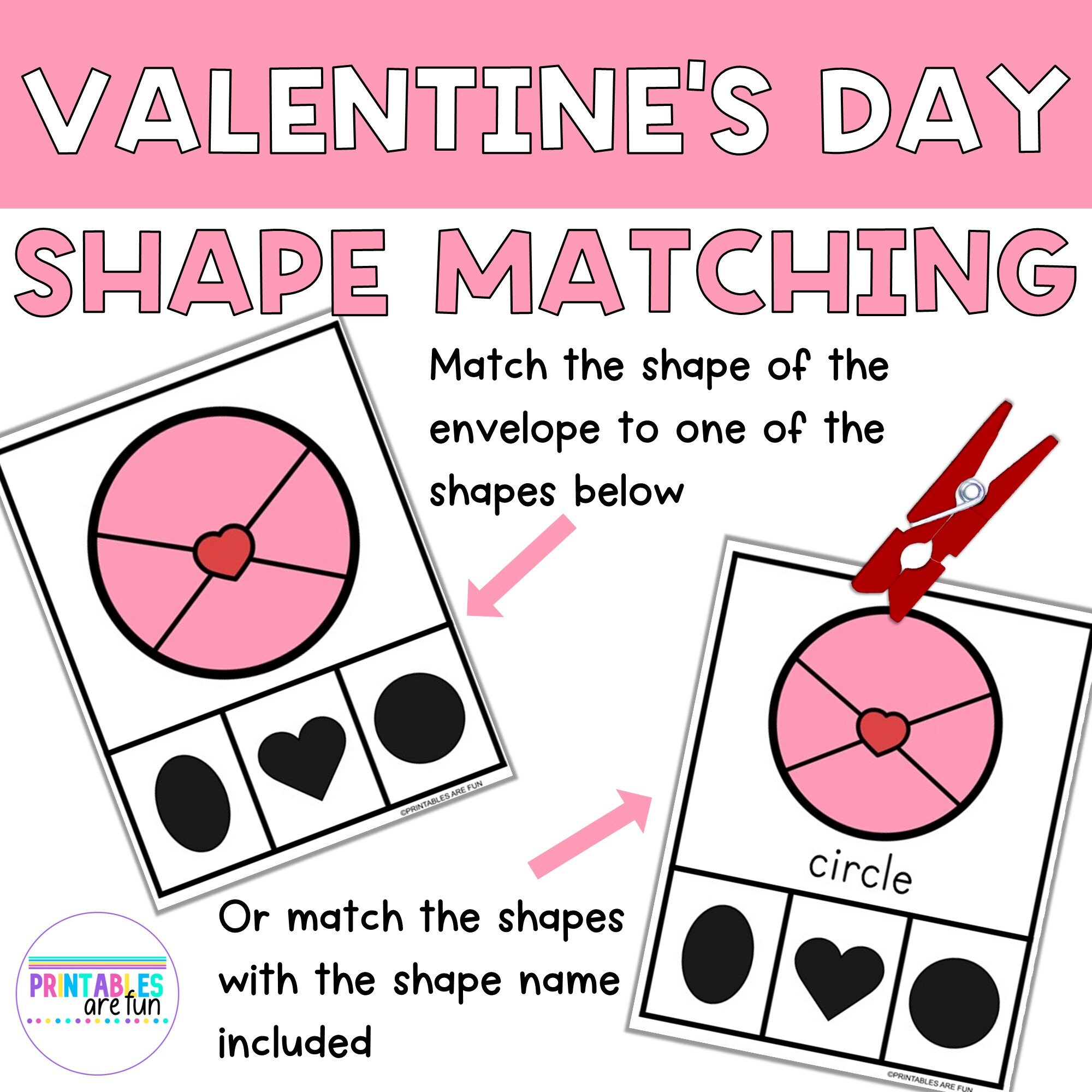 Valentine's Day 2D Shape Matching Clip Cards Printable Math Activity ...